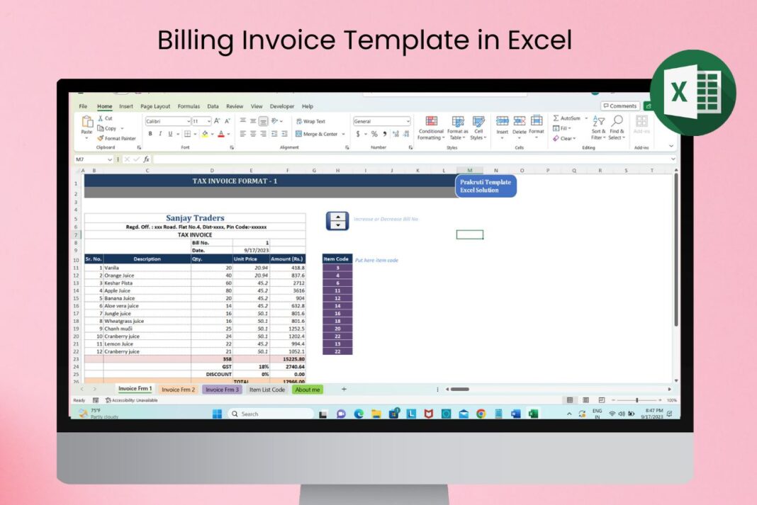 Billing Invoice Template in Excel | Prakruti Digital Template