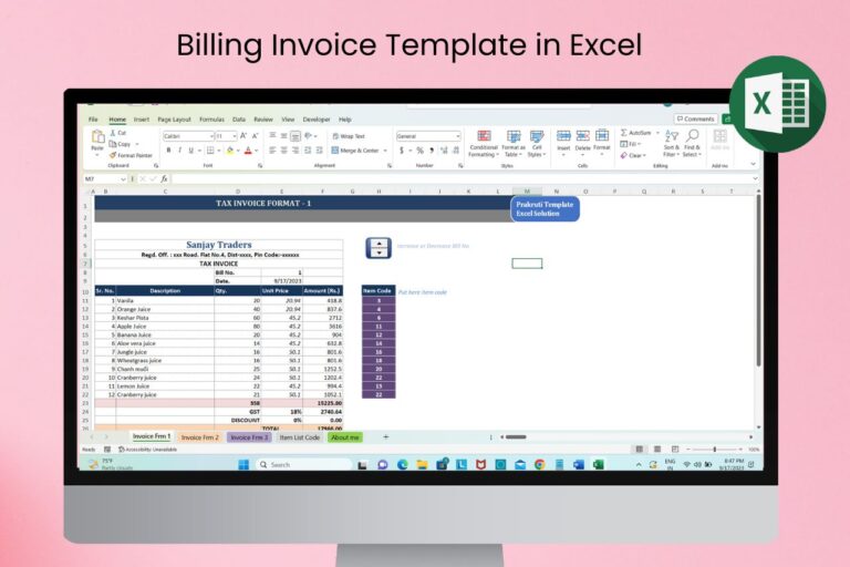 Billing Invoice Template in Excel | Prakruti Digital Template