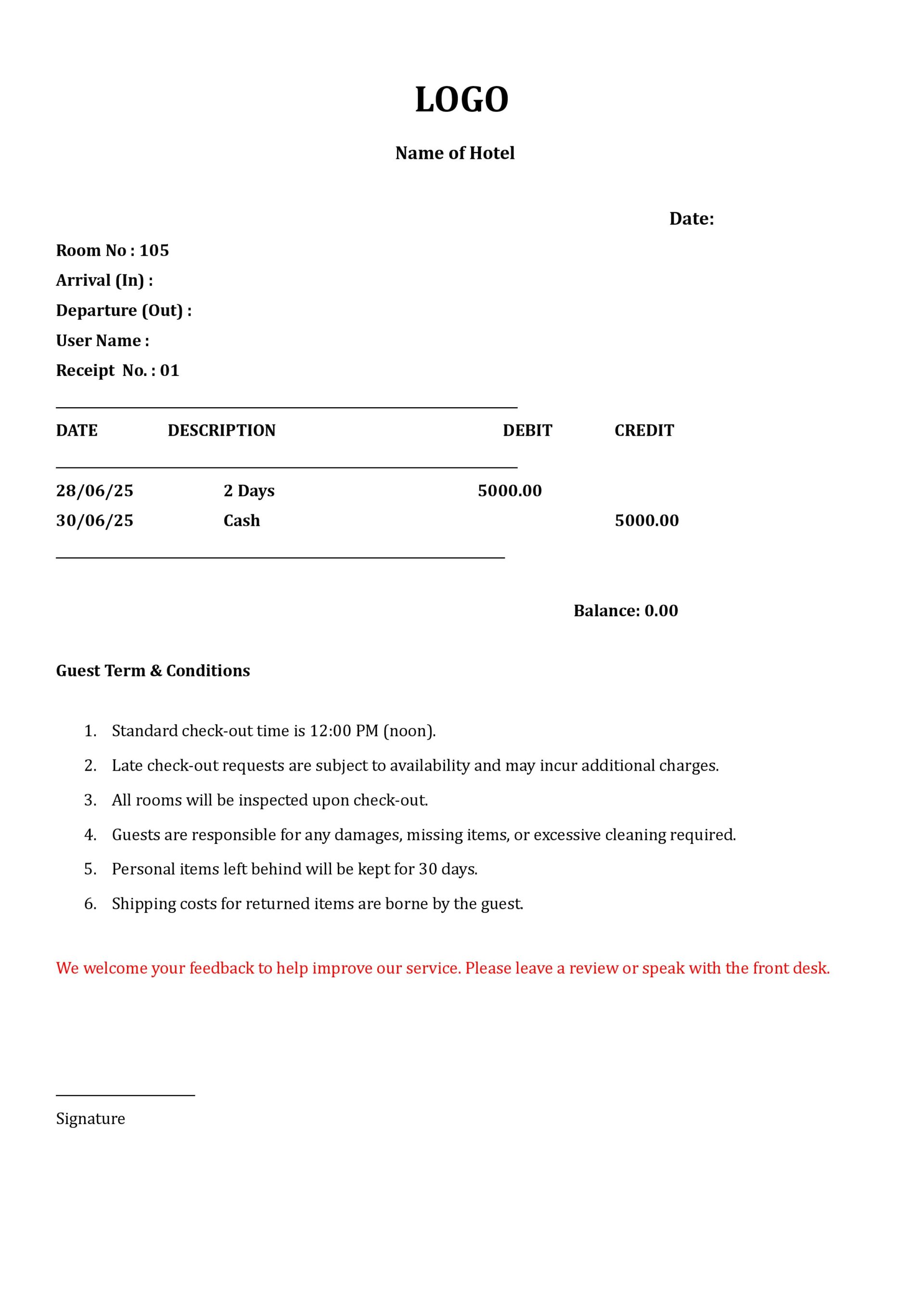 Hotel Receipt Templates in Word | Prakruti Digital Template