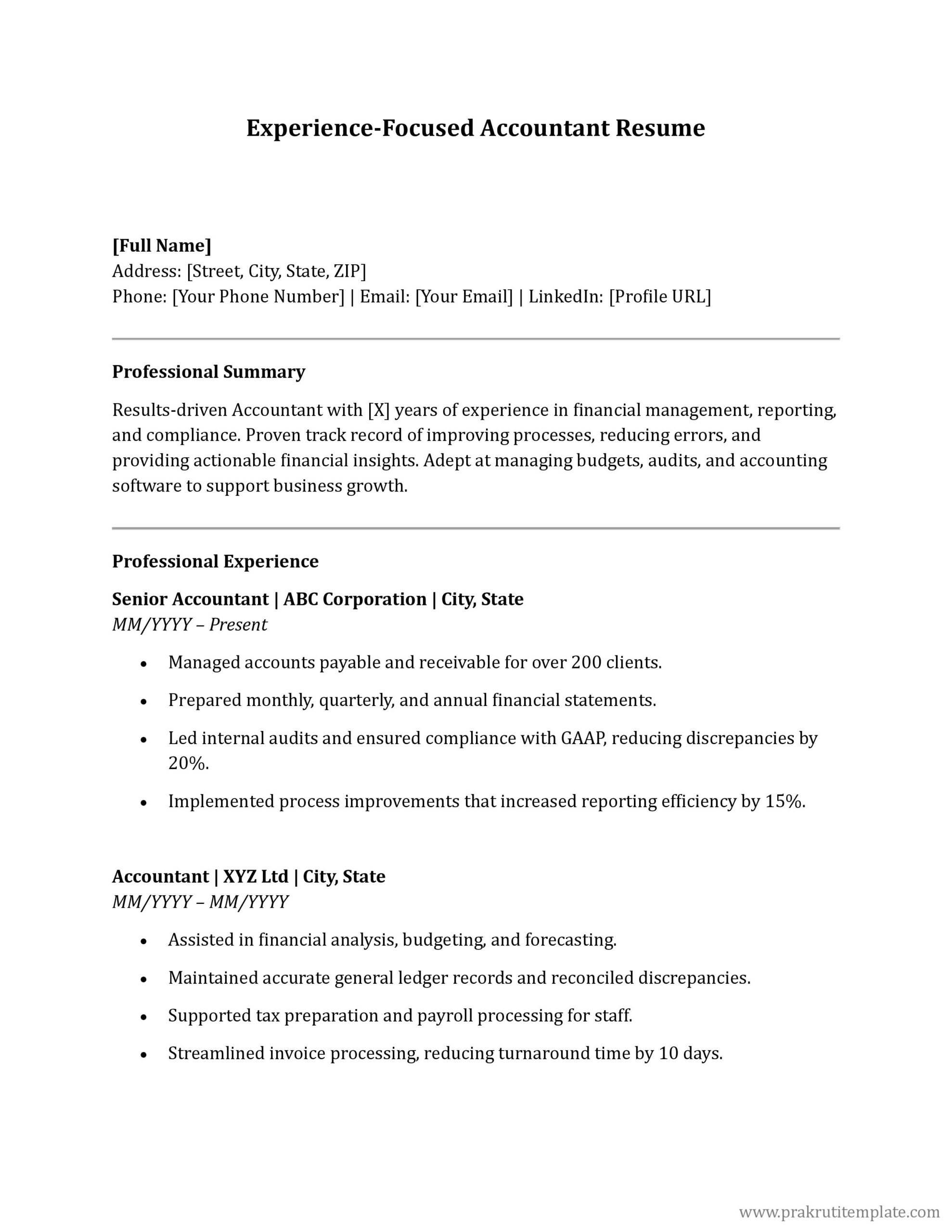 Professional Accountant Resume Format in Word | Prakruti Digital Template