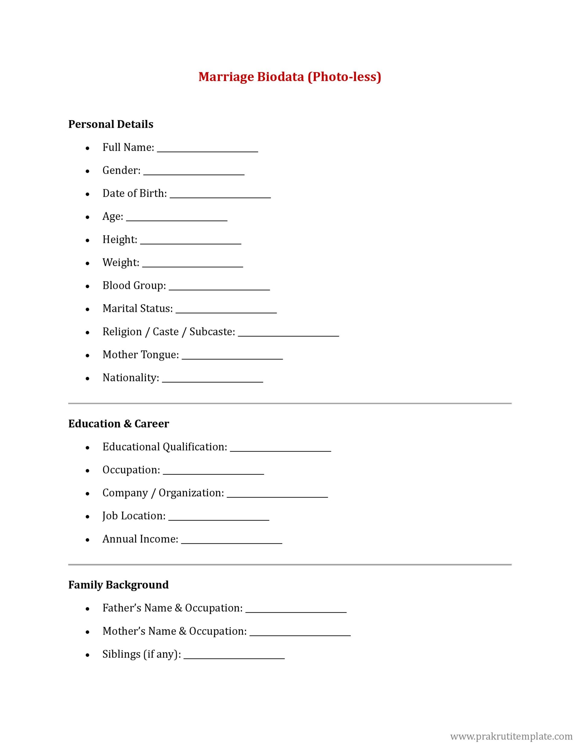 Marriage Biodata Templates : Free Download | Prakruti Digital Template
