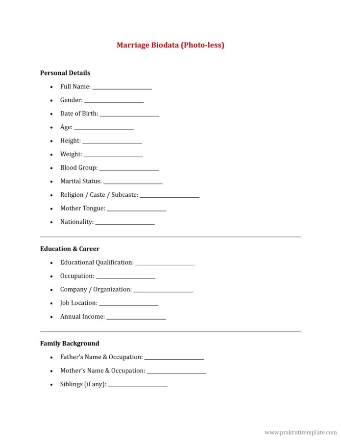 Marriage Biodata Templates : Free Download | Prakruti Digital Template