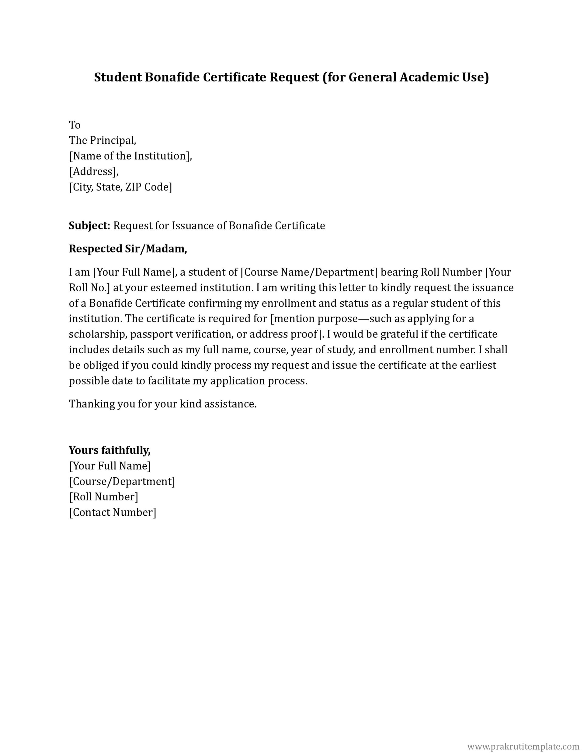 Bonafide Certificate Application Request Letter Format