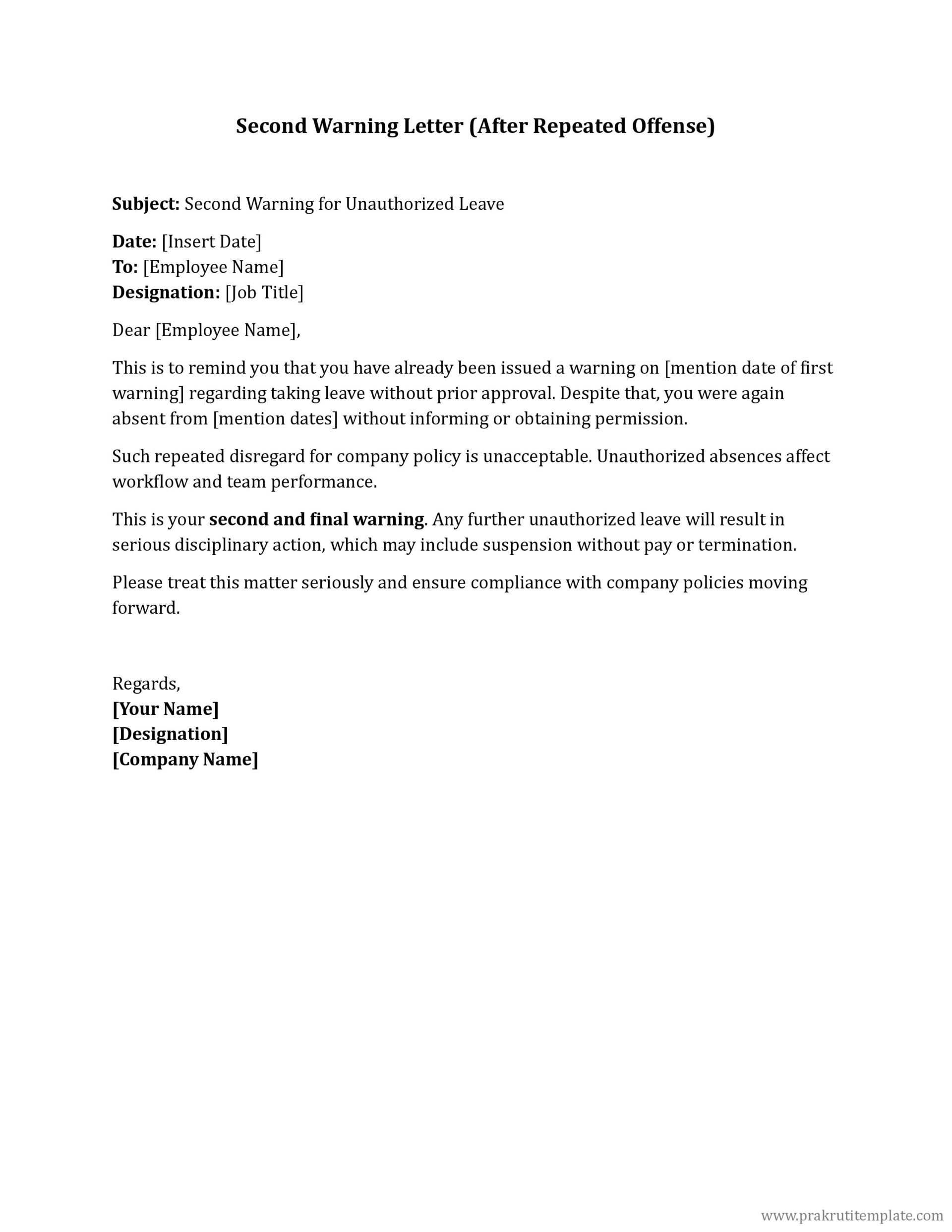 Warning Letter to Employee for Leave Without Permission